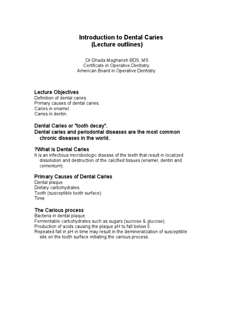 Lecture 1-Introduction To Dental Caries | PDF | Human Tooth | Tooth Enamel