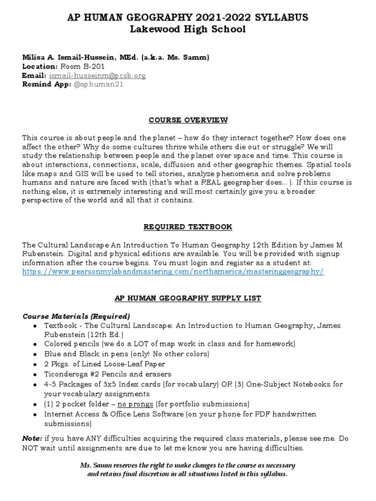 Ap Human Geography 2021-2022 Syllabus Lakewood High School: @aphuman21 ...