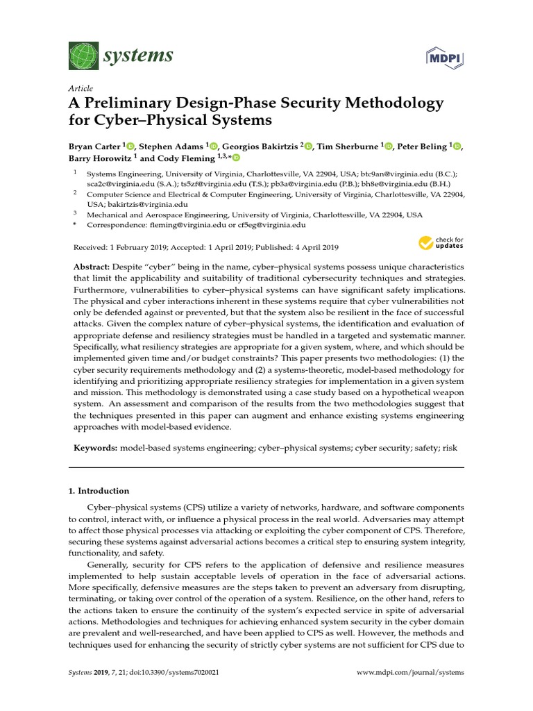 A Preliminary Design-Phase Security Methodology For Cyber-Physical ...