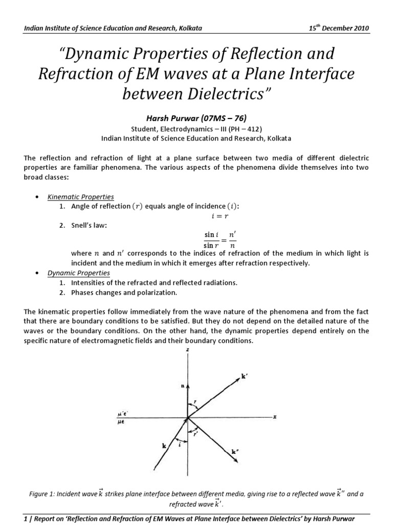 Dynamic Properties Of Reflection And Refraction Of Em Waves At A Plane Interface Between