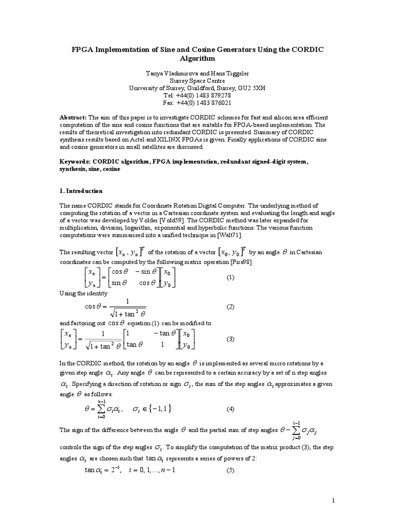 Fpga Implementation Of Sine And Cosine Generators Using The Cordic Algorithm Pdf Sine