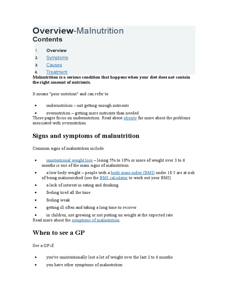Malnutrition: Signs and Symptoms of Malnutrition | PDF | Malnutrition ...