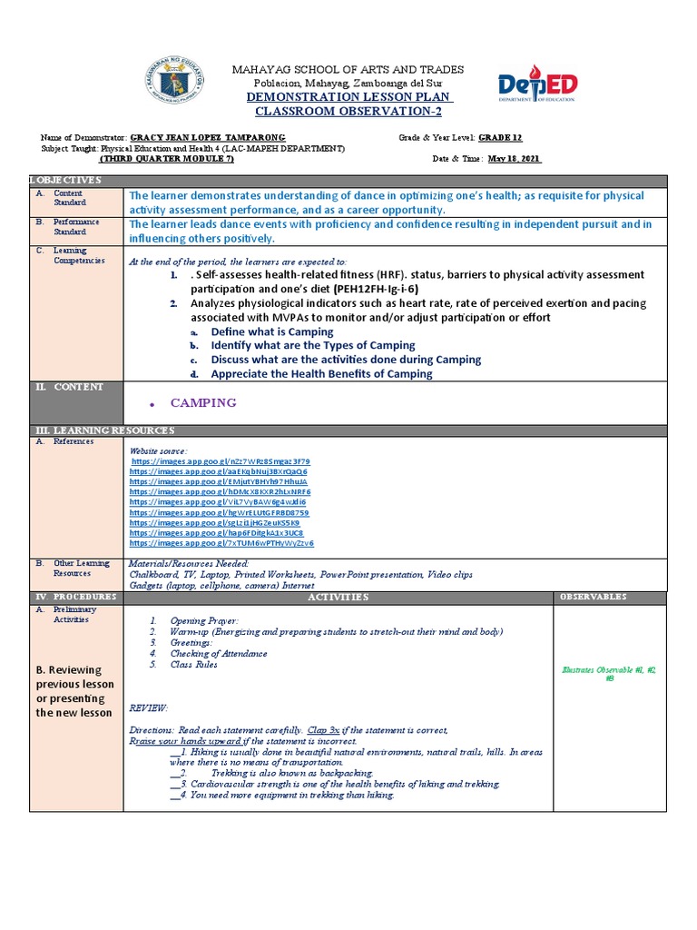 Lesson Plan Camping | PDF | Swimming (Sport) | Hiking