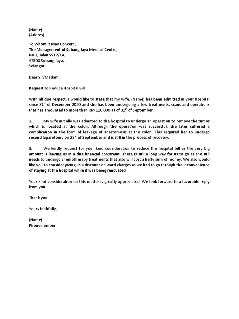 A Letter To Request For A Hospital Discount For Scribd | PDF