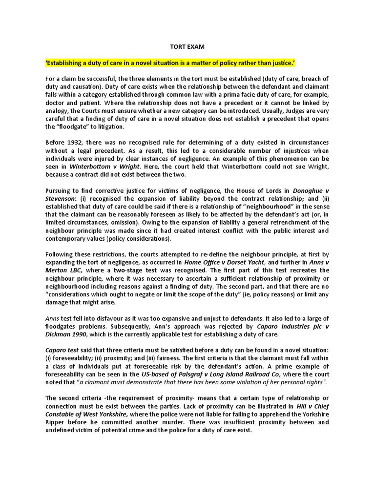 Tort Exam Establishing A Duty of Care in A Novel Situation Is A Matter ...