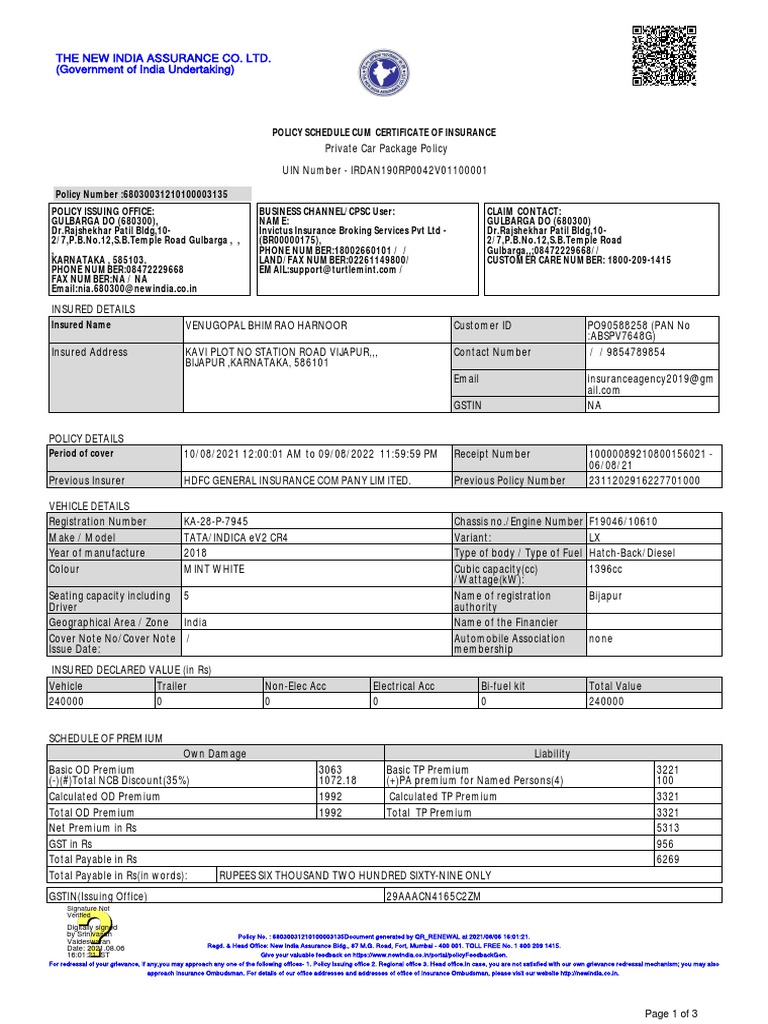 Nia Insurane Policy Certificate 2021-22 | PDF | Liability Insurance ...