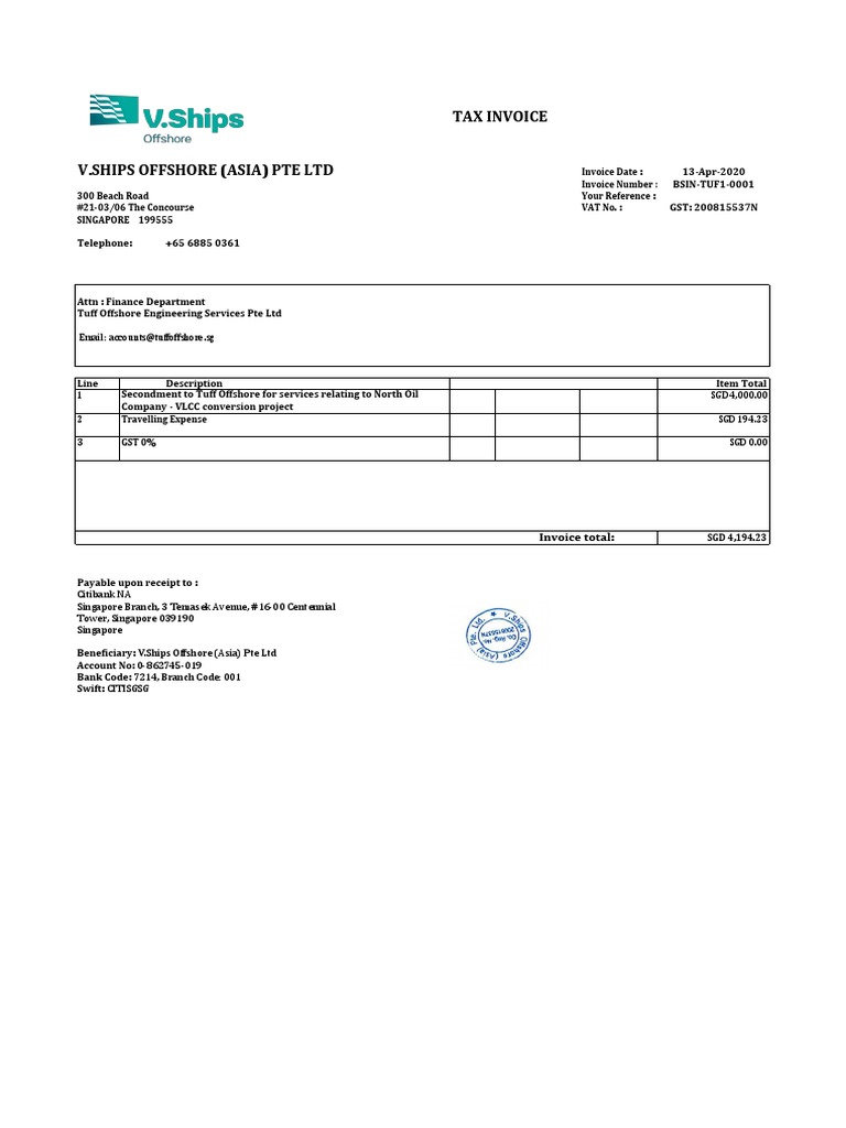 Tax Invoice V.Ships Offshore (Asia) Pte LTD | PDF | Business | Finance ...