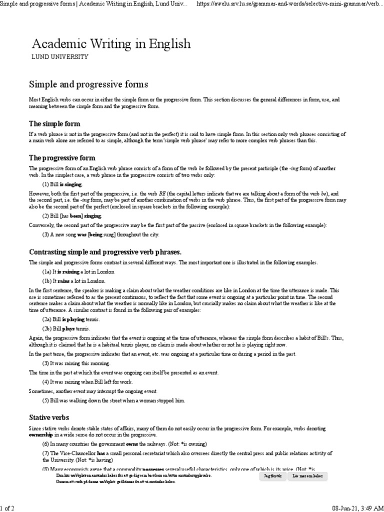 Simple and Progressive Forms Academic Writing in English, Lund ...