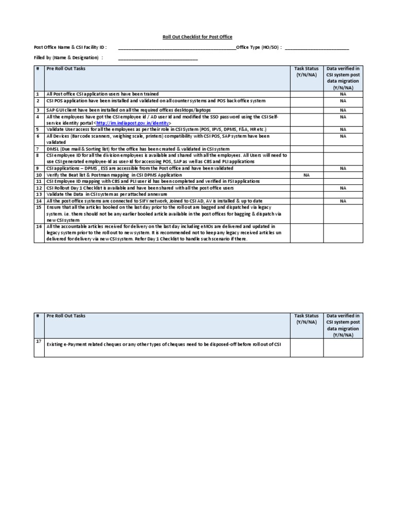 Annexure H - Roll Out Checklist For Post Office | PDF | Point Of Sale ...