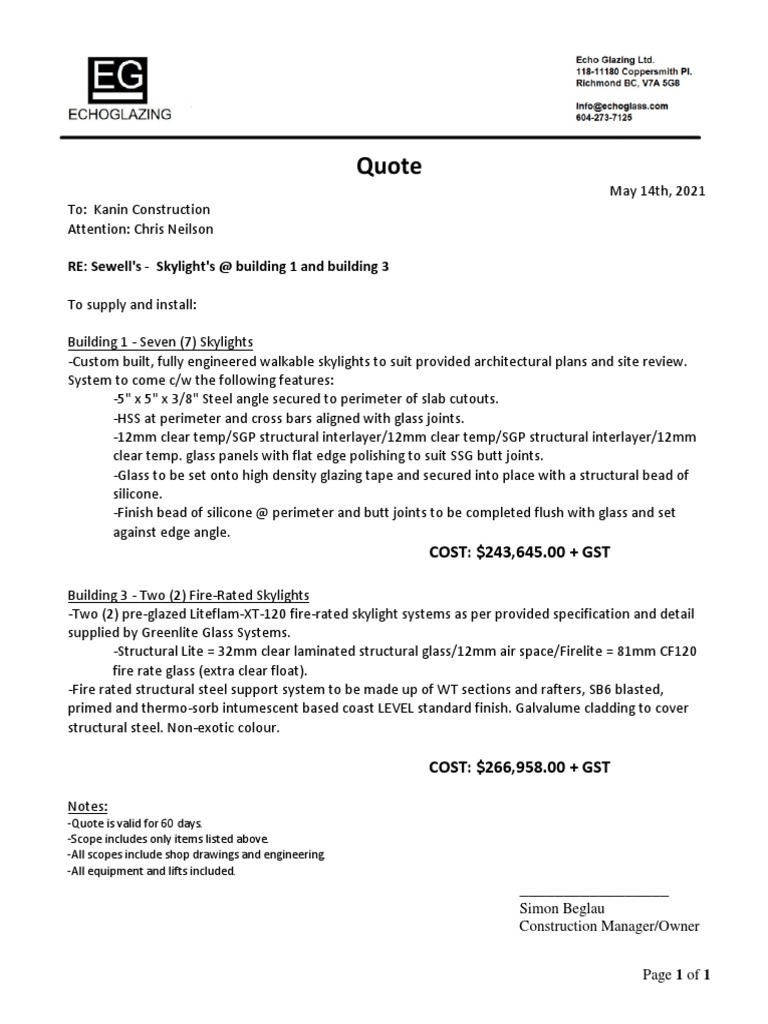 Echo Glazing Quotation - Skylights | PDF