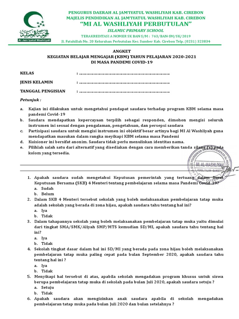 Angket KBM MI Al Washliyah | PDF | Ilmu Sosial
