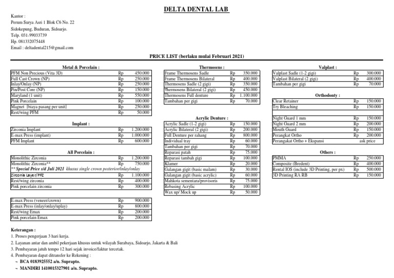 Daftar Harga Delta Dental Lab | PDF