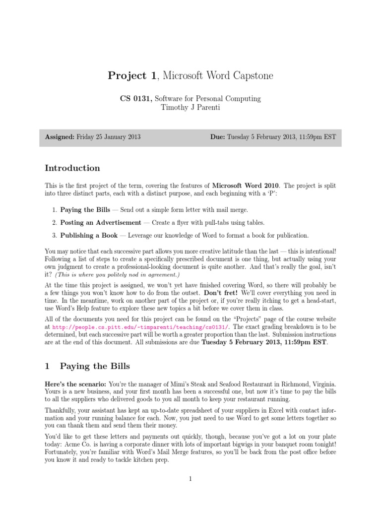 Project 1, Microsoft Word Capstone: CS 0131, Software For Personal ...