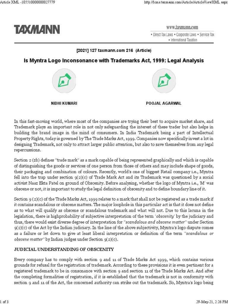 Is Myntra Logo Inconsonance With Trademarks Act, 1999: Legal Analysis ...