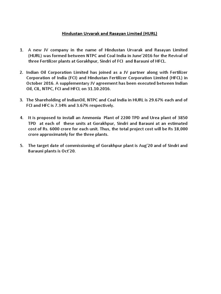 Hindustan Urvarak and Rasayan Limited (HURL) | PDF