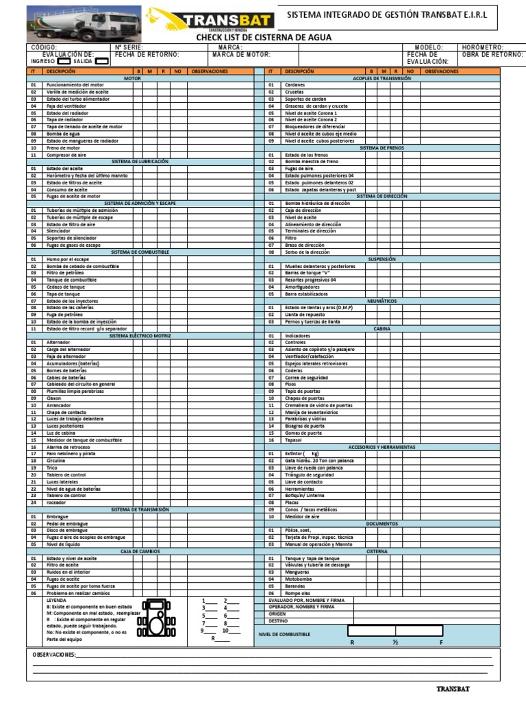 CHECKLIST DE CISTERNA DE AGUA - para Reproducción | PDF | Embrague ...
