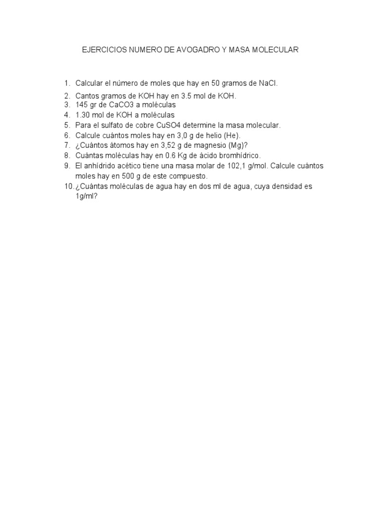 Ejercicios Numero de Avogadro y Masa Molecular | PDF