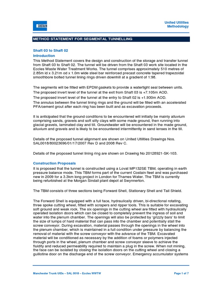 Method Statement for Tunnel Construction | PDF | Tunnel | Civil Engineering