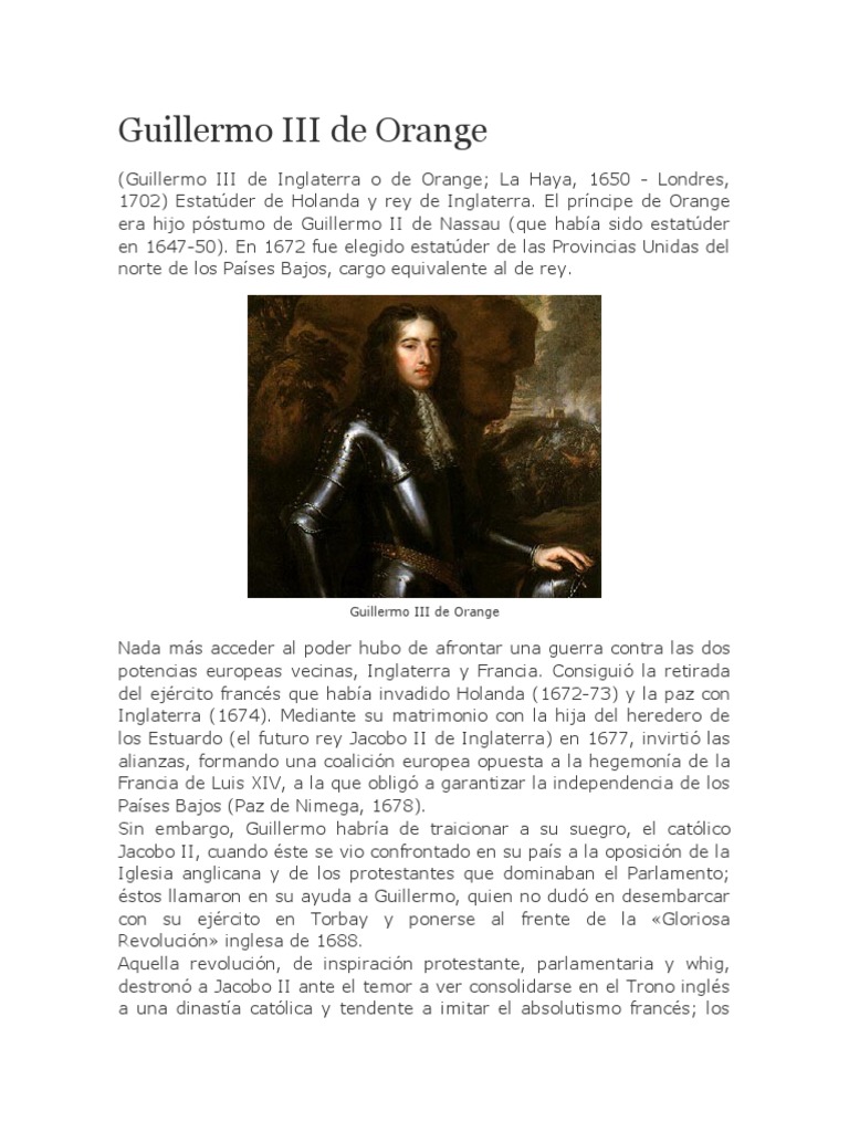 Guillermo III: Rey y Estatúder de Inglaterra | PDF | Europa