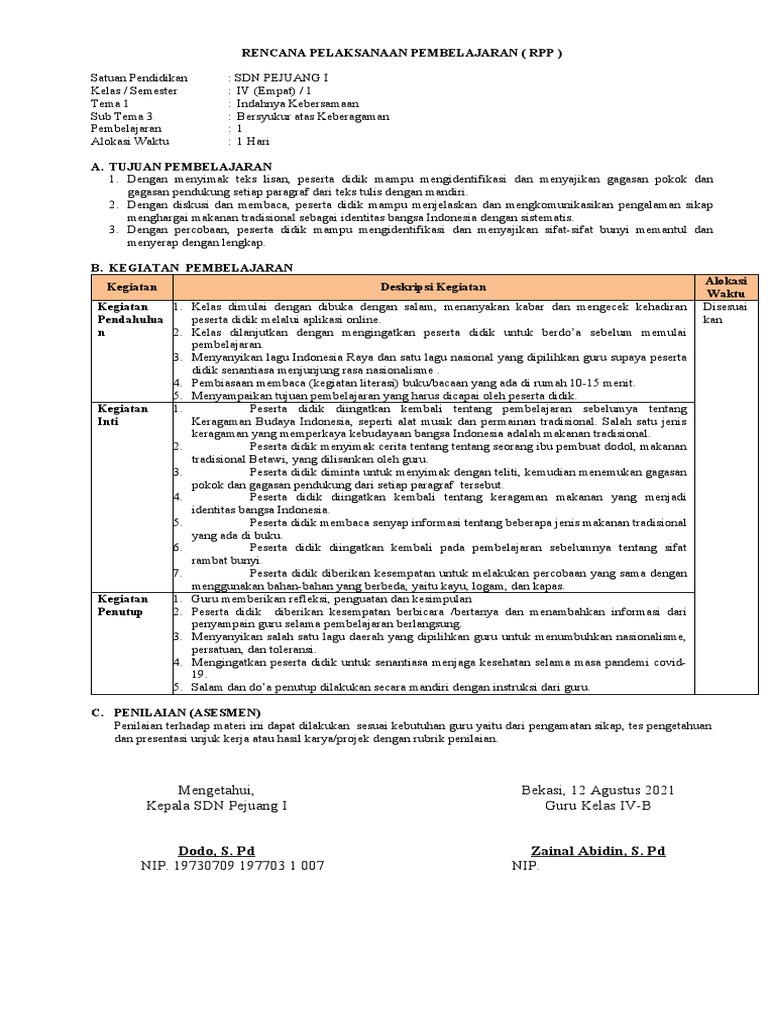 RPP Daring Kelas 4 Tema 1 ST 3 | PDF