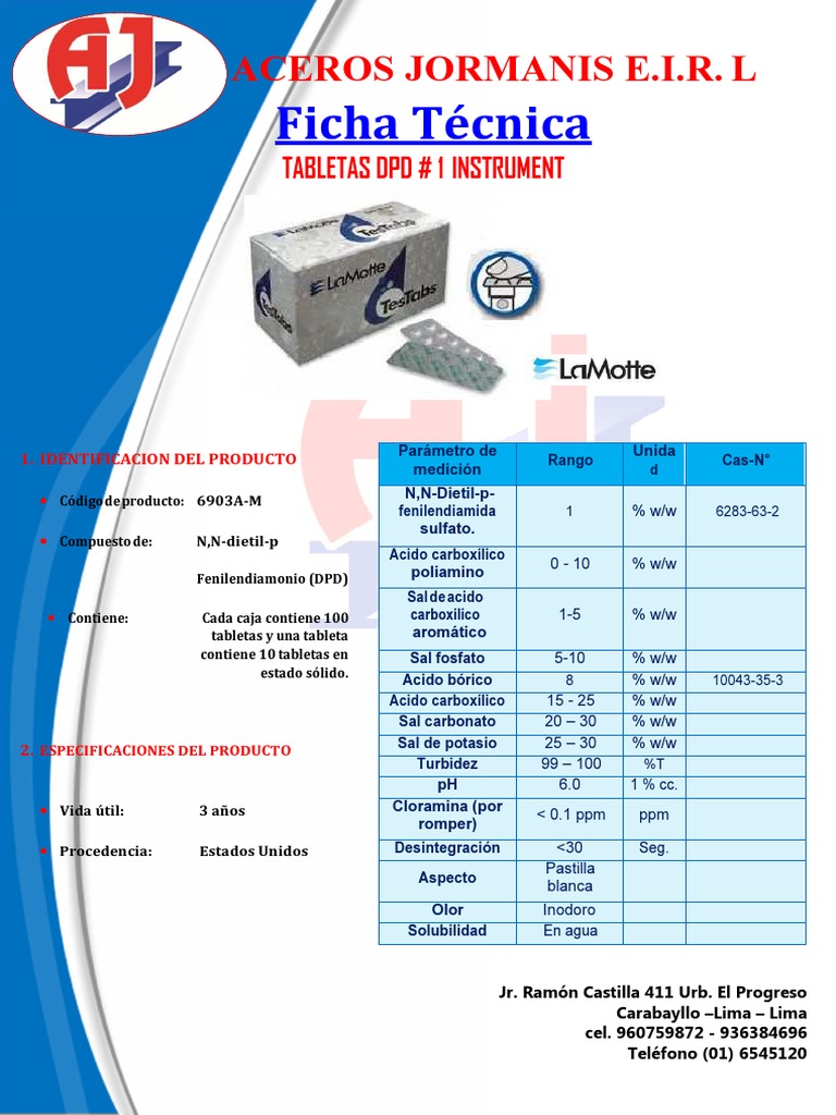 Ficha Tecnica De Tabletas Dpd 1 Instrument A Pdf Agua Cloro