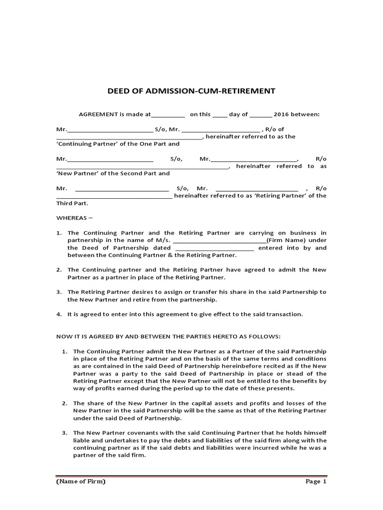 Admission-Cum-Retirement Deed Template | PDF | Partnership | Economies