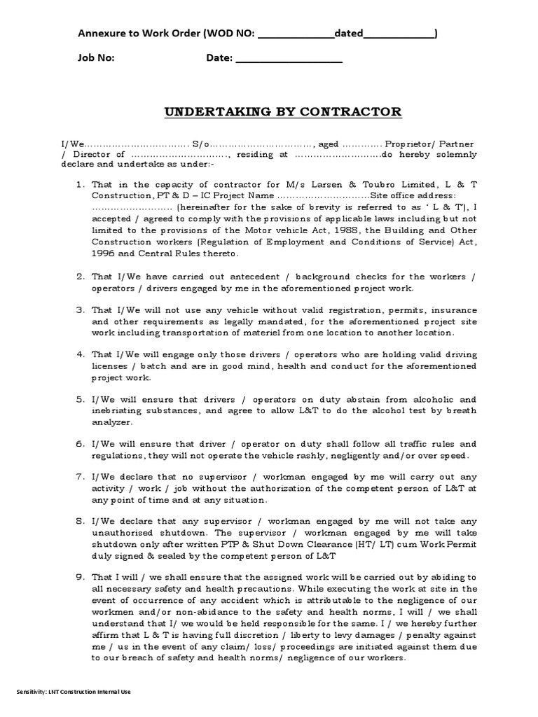 Undertaking by Contractor Rev 04 | PDF | Negligence | Legal Liability