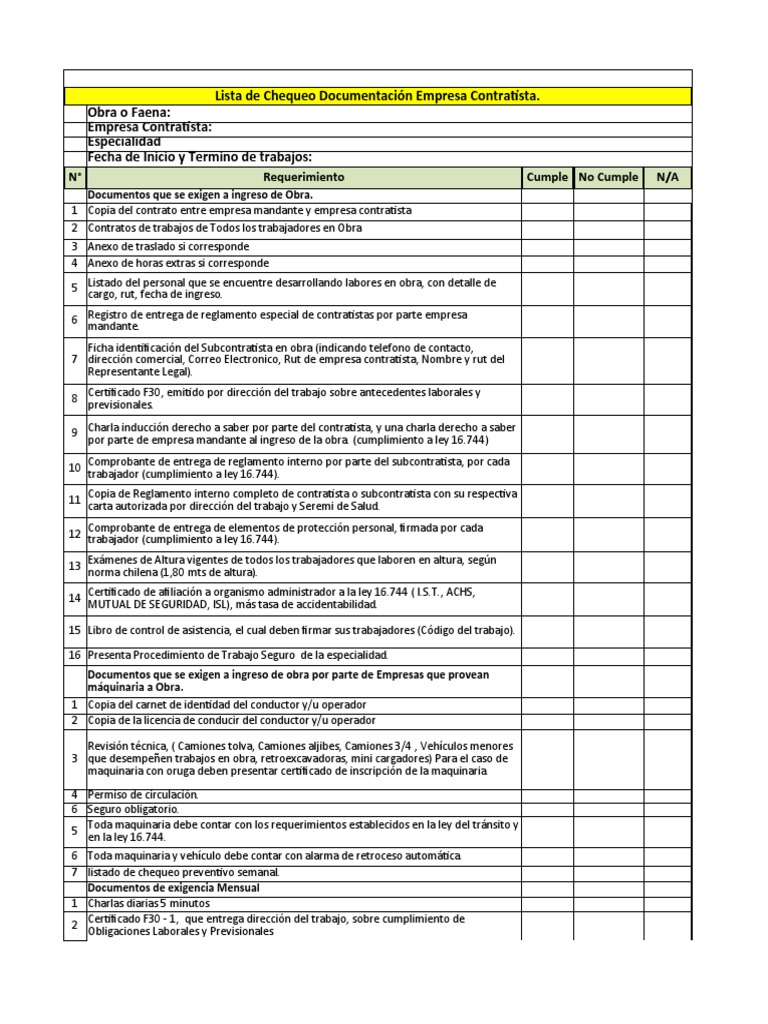 Check List Documentos Contratistas | PDF