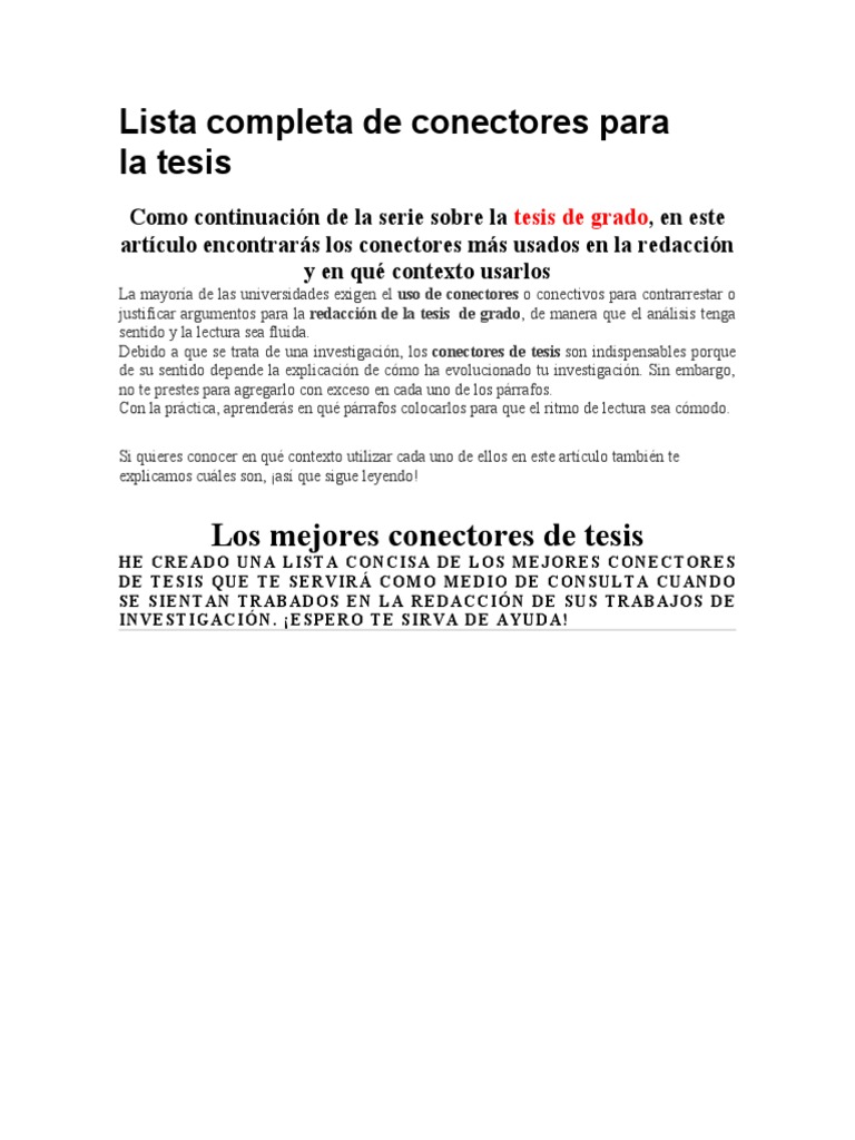 Lista Completa de Conectores para La Elaboracion de Tesis | PDF | Cognición