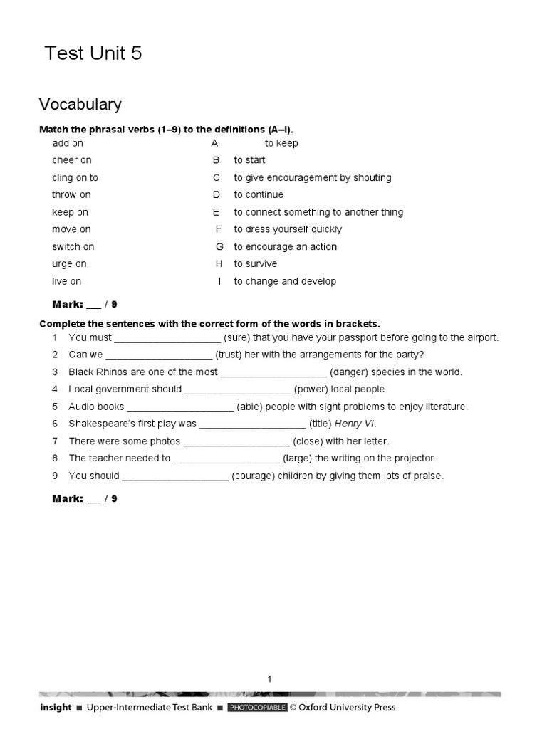 INSIGHT UPPER Test Unit 5 | PDF | Novels