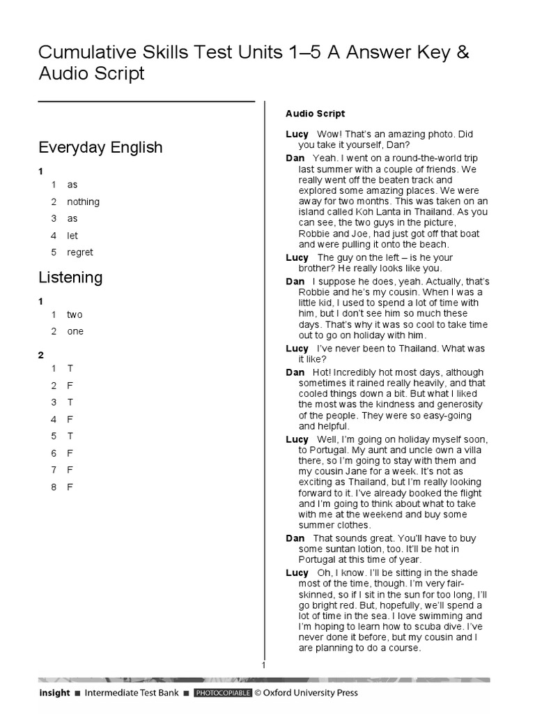 Cumulative Skills Units 1-5 A Answer Key + Audio Script | PDF