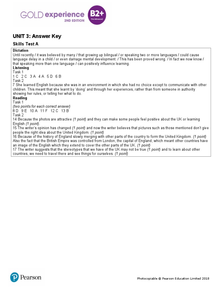 UNIT 3: Answer Key: Skills Test A | PDF | Learning | Multilingualism