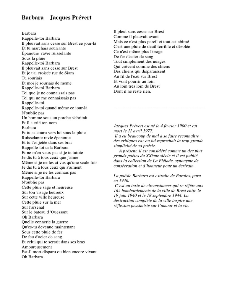 Poème "Barbara" de Jacques Prévert | PDF | Poésie