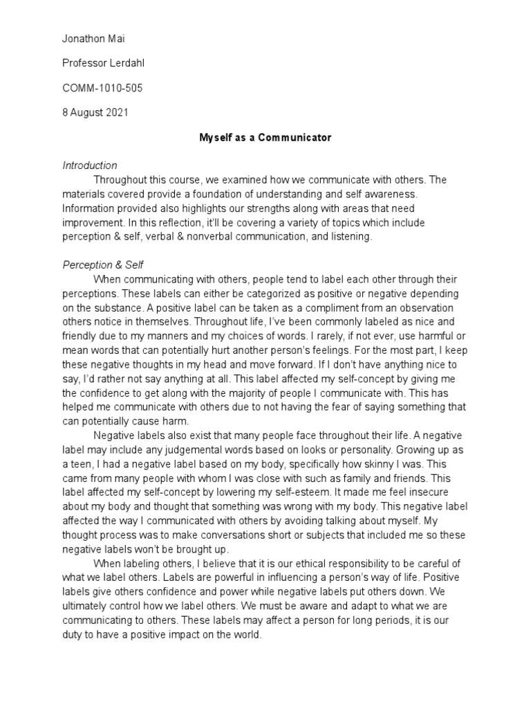 Myself As A Communicator Reflection Paper | PDF | Nonverbal ...