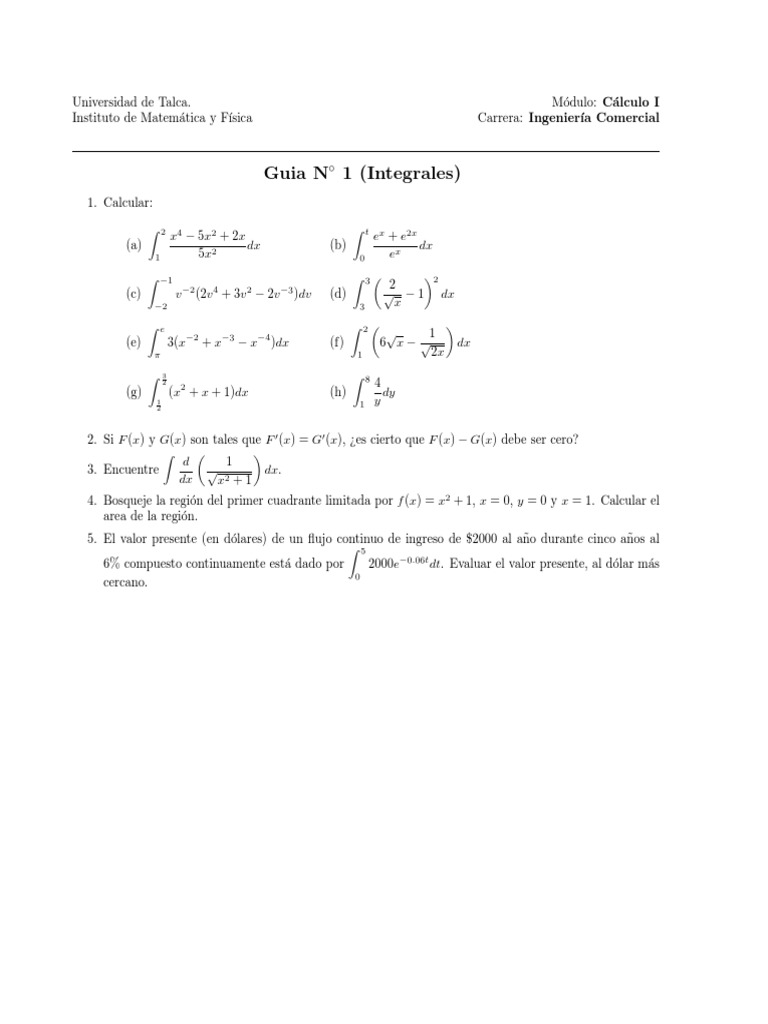 Guia 1 Integrales Basicas | PDF | Matemáticas | Análisis matemático