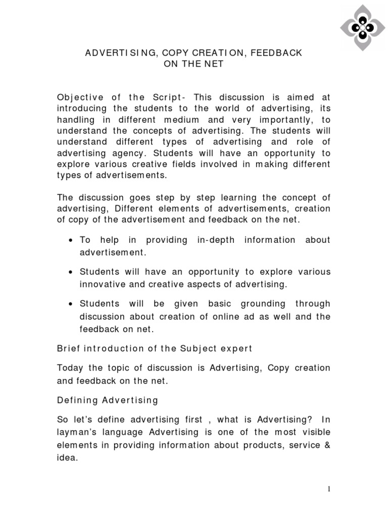 M20 (Advertising, Copy Creation and Feedback On The Net) Academic ...