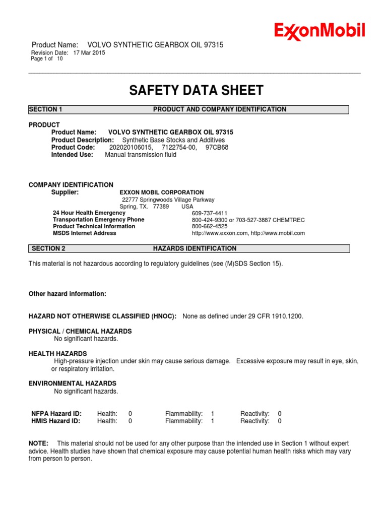 Exxonmobil Volvo - Synthetic - Gearbox - Oil - 97315 | PDF ...