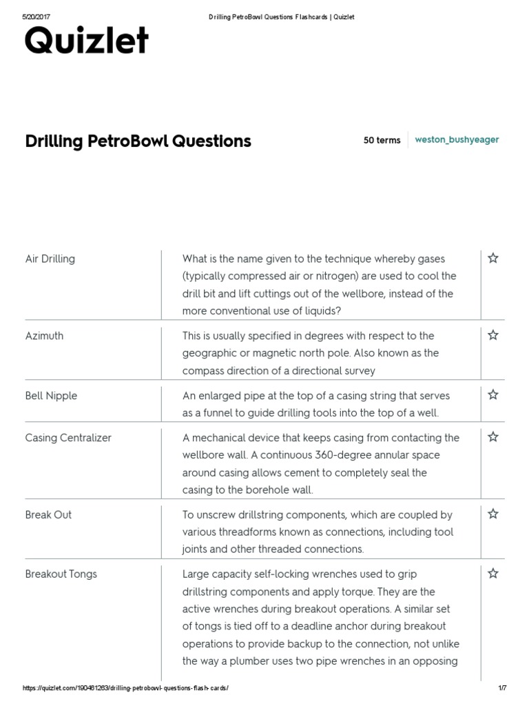 Drilling PetroBowl Questions Flashcards - Quizlet | PDF | Drilling Rig ...