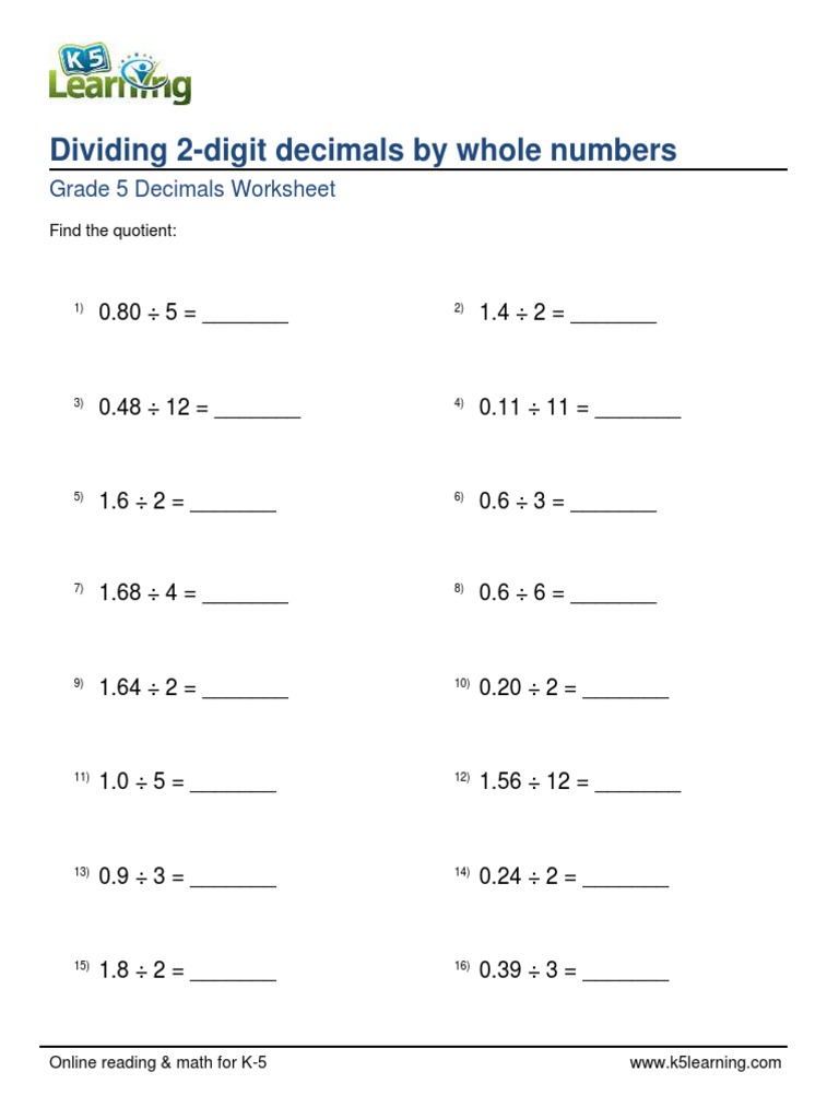 Grade 5 Decimal Division Worksheet | PDF