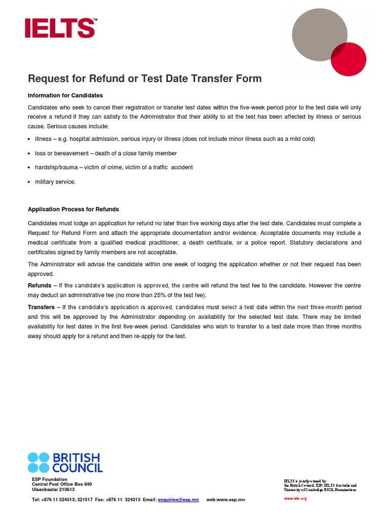 Request For Refund or Test Date Transfer Form | PDF | International ...