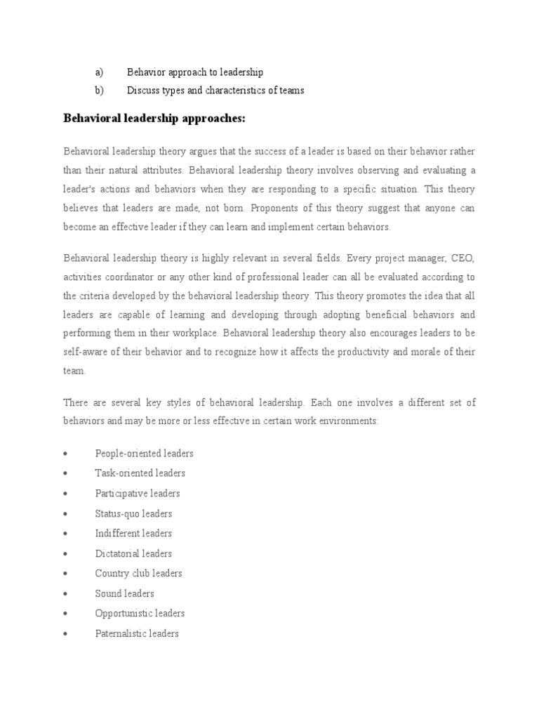 Behavioral Leadership Approaches:: A) Behavior Approach To Leadership B ...