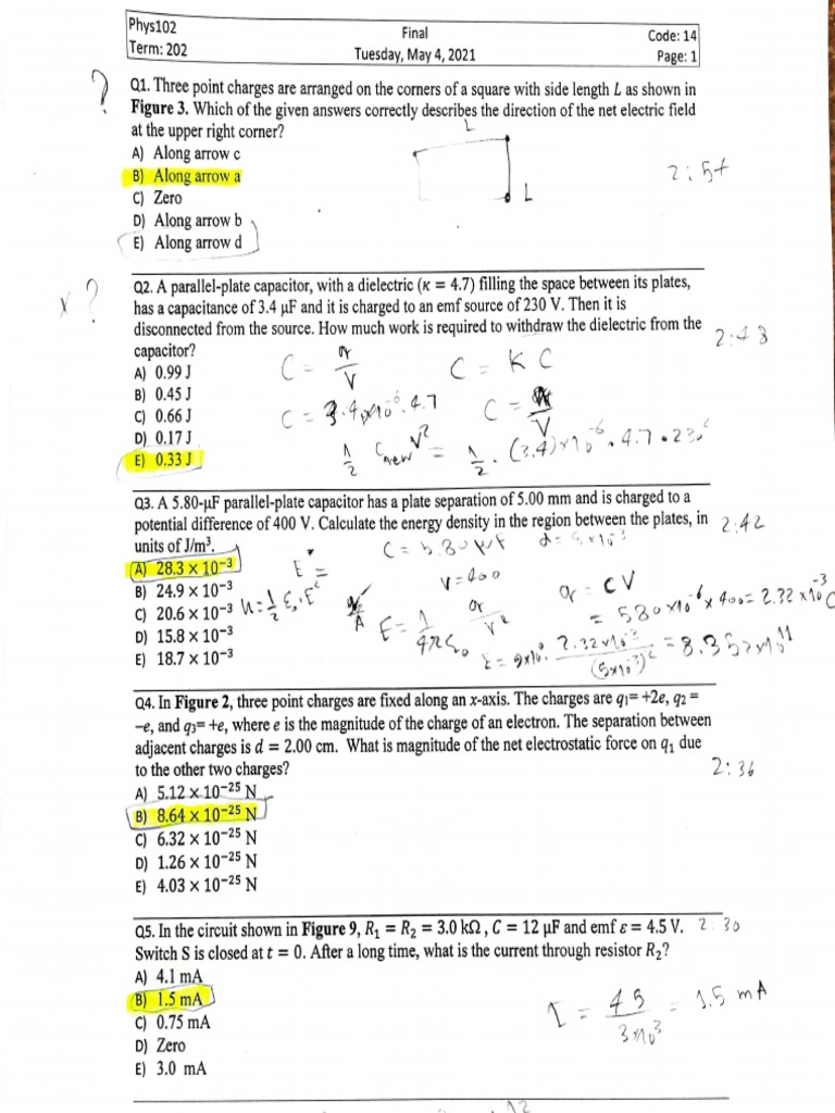 Analysis of Physics Exam Questions Regarding Electric Fields, Capacitors, Magnetism ...