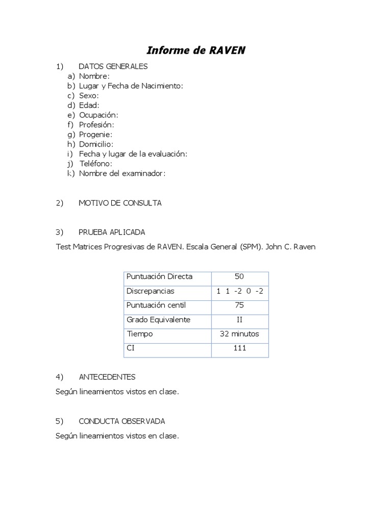 Formato de Informe de RAVEN | PDF | Cociente de inteligencia | Cognición