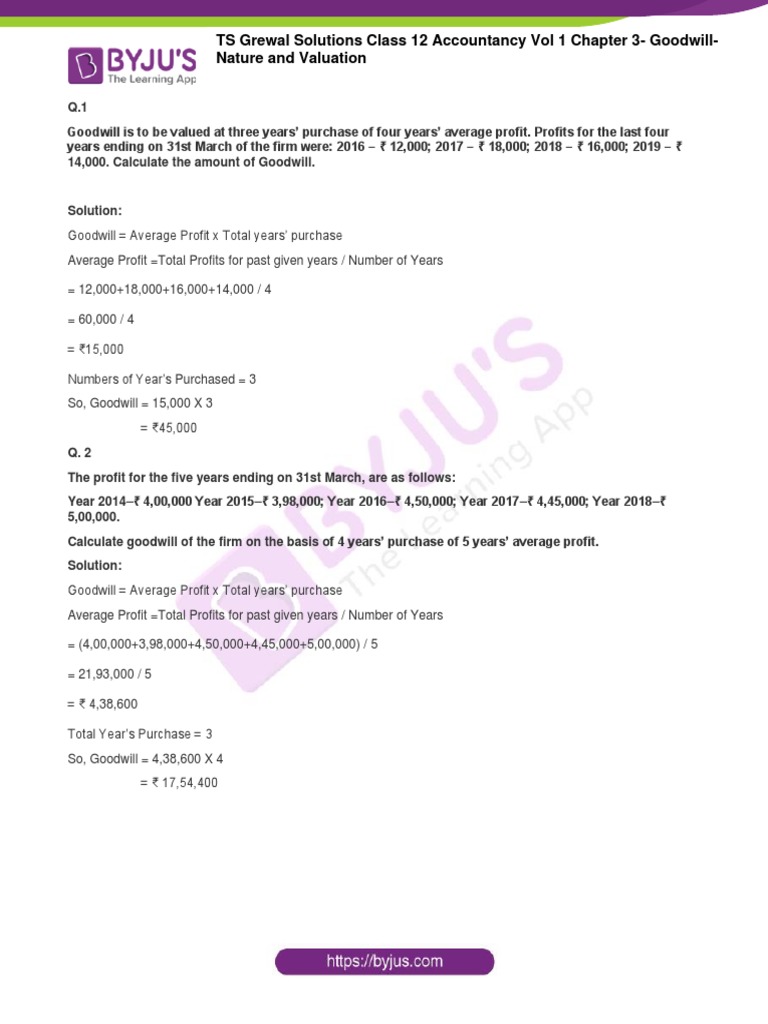 Ts Grewal Solutions Class 12 Accountancy Vol 1 Chapter 3 Goodwill | PDF | Valuation (Finance ...