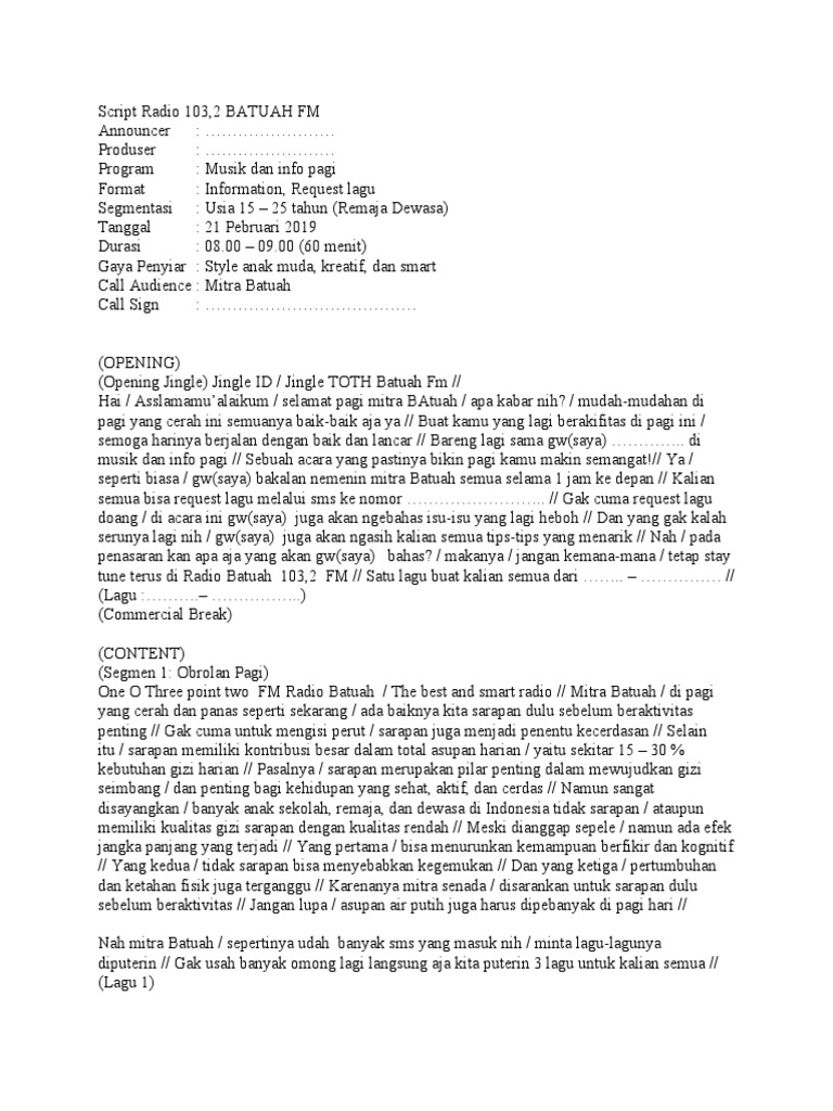 Script Radio 103,2 (Tes Siaran) | PDF