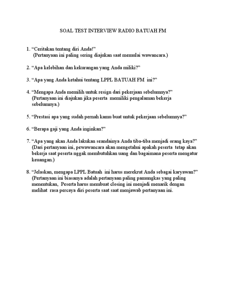 Soal Test Interview Radio Batuah FM | PDF | Karier & Perkembangan