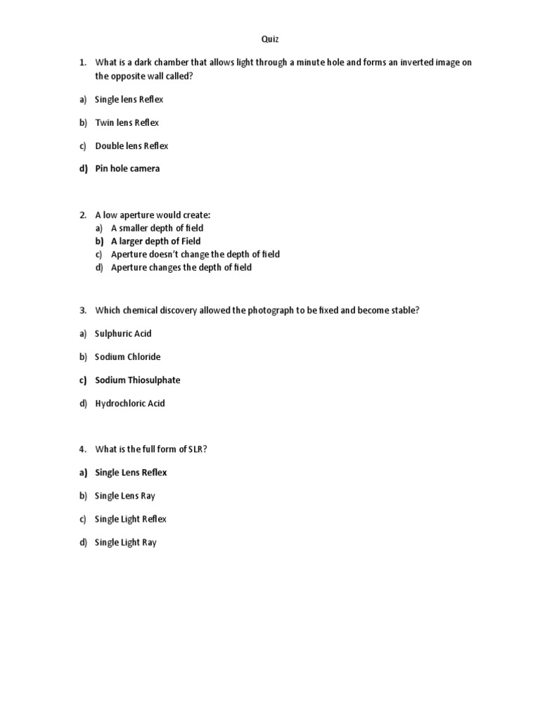 M3 (Camera and Camera Type - Still Photography) Quiz | PDF