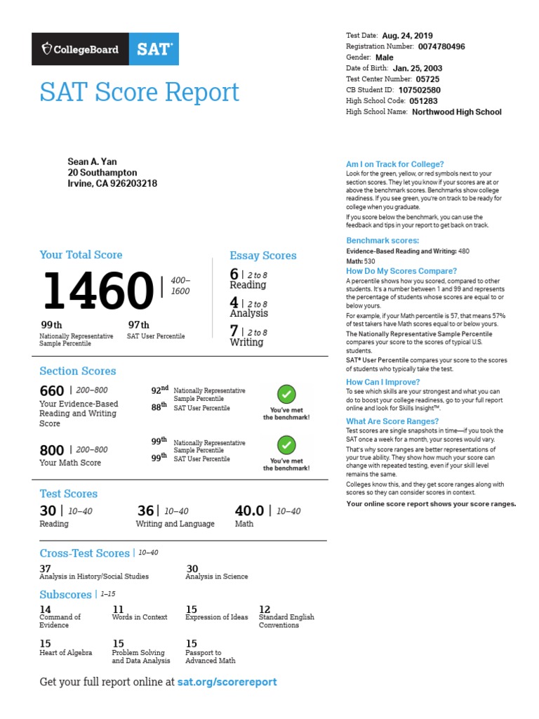 SAT Score Report: Your Total Score Essay Scores | PDF | Sat | Cognition