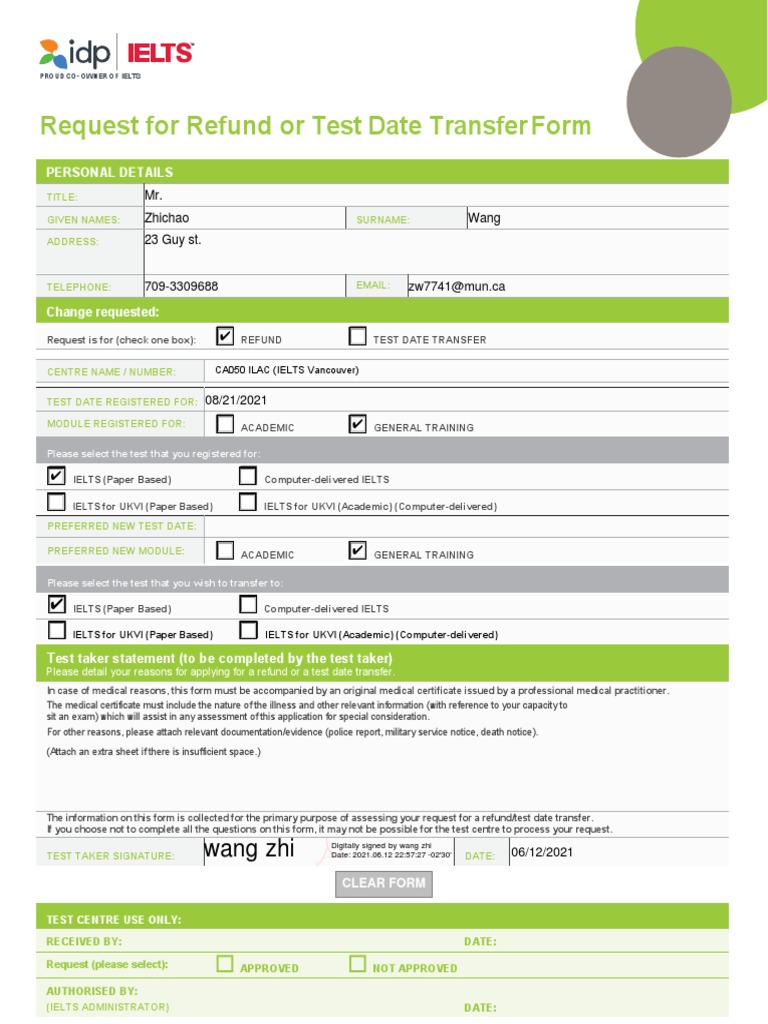 IELTS Refund Request | PDF | International English Language Testing System
