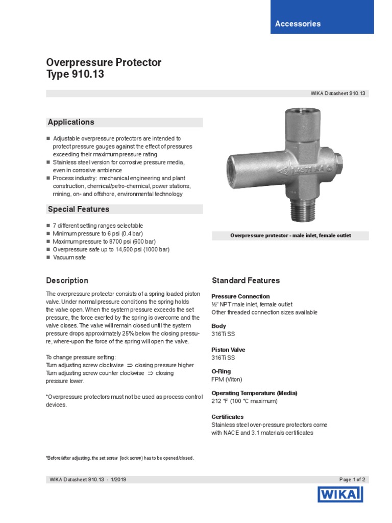Overpressure Protector Type 910.13: Applications | PDF | Valve | Screw
